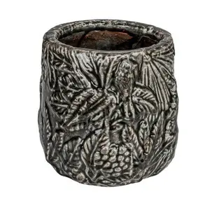 STORIED HOME Decorative Terra-cotta Planter With Embossed Pattern - Grey