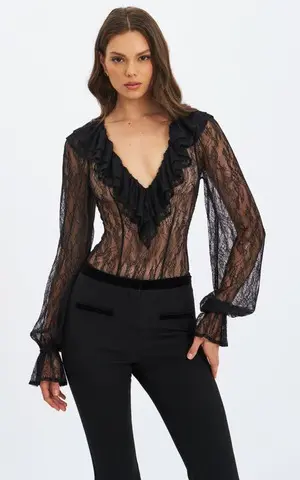 MISS CIRCLE NEW YORK Taliah Sheer Lace Ruffled Collar Bodysuit - Black
