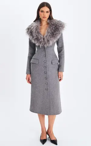MISS CIRCLE NEW YORK Faye Wool-blend Coat With Removable Faux Fur Collar - Grey