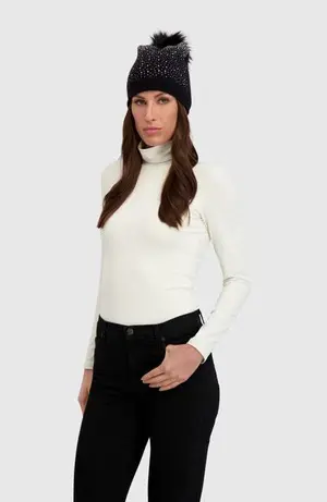 LYLA GRANT Knit Beanie Hat With Faux Fur Pompom - Black/black