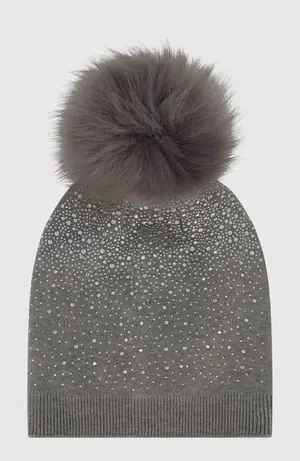 LYLA GRANT Knit Beanie Hat With Faux Fur Pompom - Gray/gray
