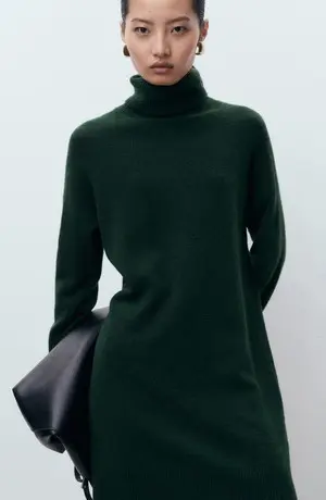 Mango Long Sleeve Turtleneck Sweater Dress - Dark Green