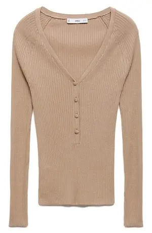 Mango V-neck Ribbed Henley Sweater - Light/pastel Grey