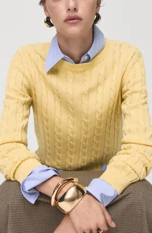 Mango Cable Knit Cotton Sweater - Pastel Yellow