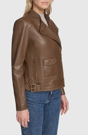 Andrew Marc Frankie Leather Moto Jacket - Oak