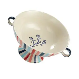 STORIED HOME Hand-painted Stoneware Footed Bowl With Handles And Stripes - Blue