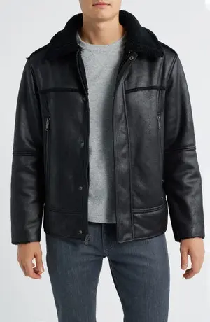 UGG Thayden Luxefluff Faux Leather Jacket With Faux Shearling Collar