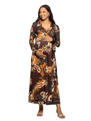 24SEVEN COMFORT APPAREL Paisley Empire Waist Maxi Dress - Brown Multi
