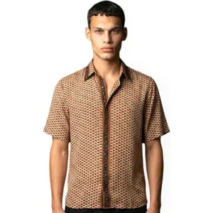 MONZLAPUR Embossed Botanical Short Sleeve Crepe Shirt - Copper
