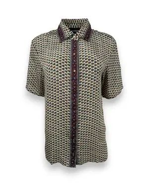 MONZLAPUR Embossed Botanical Short Sleeve Crepe Shirt - Forest Plum