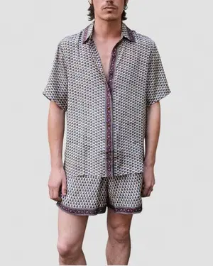 MONZLAPUR Embossed Botanical Short Sleeve Crepe Shirt - Forest Plum