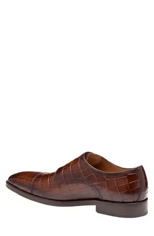 Johnston & Murphy Sullivan Cap Toe Double Monk Strap Shoes - Mahogany Croc Italian Calfskin