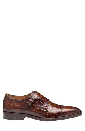 Johnston & Murphy Sullivan Cap Toe Double Monk Strap Shoes - Mahogany Croc Italian Calfskin