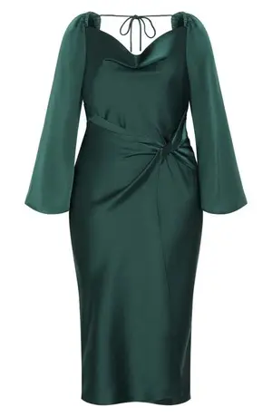 City Chic Adelina Long Sleeve Satin Midi Dress - Forest