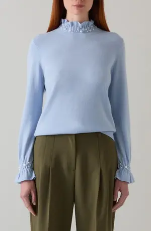 LK BENNETT Vera Faux Pearl Accent Ruffle Sweater