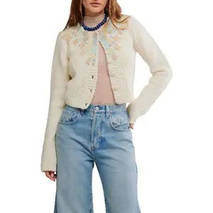 Free People Pixie Beaded Floral Cardigan - Ivory