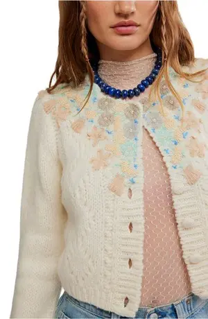 Free People Pixie Beaded Floral Cardigan - Ivory