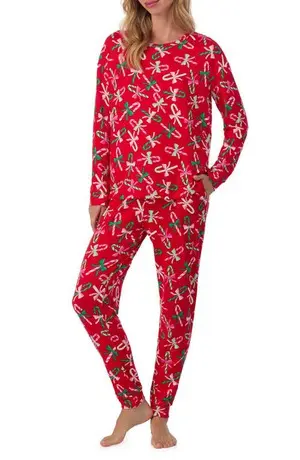ROOM SERVICE Long Sleeve Print Pajamas - Red/candy Cane Print
