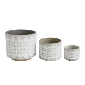 STORIED HOME Various Round Stoneware Planters With Geometric Patterns - White