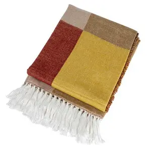 STORIED HOME Cotton Blend Throw Blanket With Block Print And Fringe - Brown