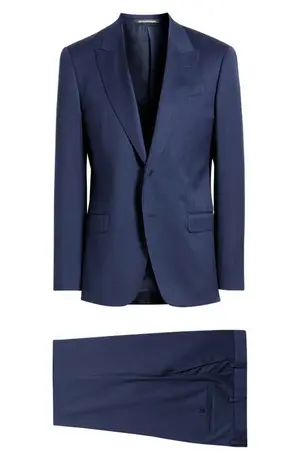 Emporio Armani G-line Peak Lapel Navy Wool Herringbone Suit - Blue