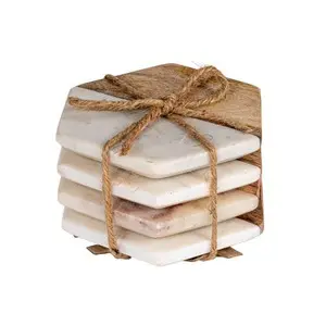 STORIED HOME Marble & Wood Hexagon Coaster Set - Natural