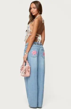 EDIKTED Mirra Flower Pocket Low-rise Wide-leg Jeans