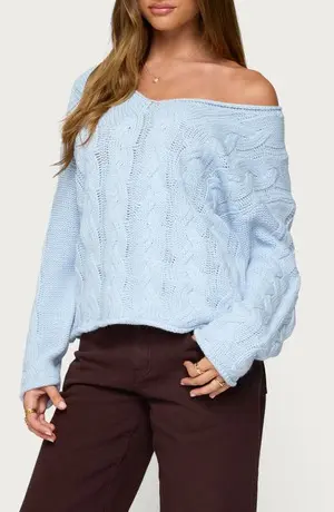 EDIKTED Inga Oversize Cable Knit Sweater - Light-blue