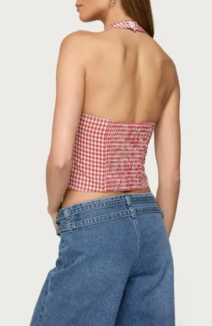 EDIKTED Gingham Cotton Halter Top - Red