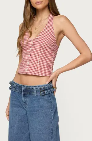 EDIKTED Gingham Cotton Halter Top - Red