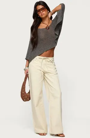 EDIKTED Grommet Drawstring Low Rise Wide Leg Jeans