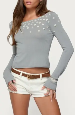 EDIKTED Iridescent Button Boat Neck Pullover