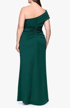XSCAPE EVENINGS Pleated One-shoulder Mermaid Gown - Hunter