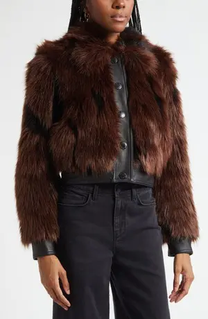 L'Agence Claira Faux Leather Trim Faux Fur Jacket