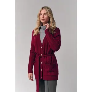 LE FAFO Cable-knit Cashmere Belted Cardigan - Burgundy