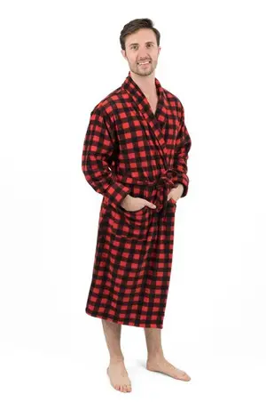 LEVERET Fleece Robe - Plaid Black & Red
