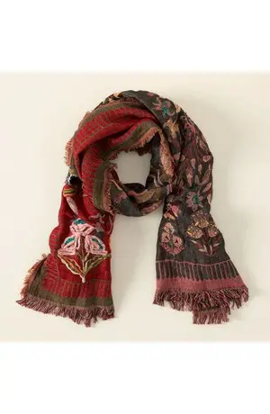 UNCOMMON GOODS Embroidered Garden Wrap Vismaya Collection - Rich Red /multi