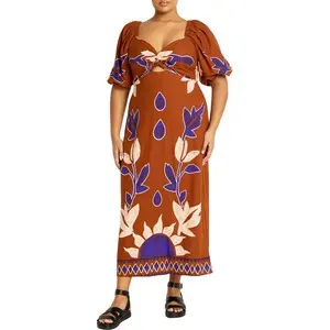 City Chic Luna Print Puff Sleeve Maxi Dress - Placemet Print