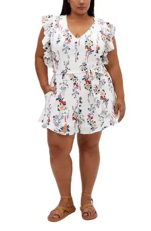 City Chic Fay Flutter Sleeve Tie Belt Romper - Floral