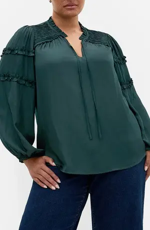 City Chic Ruffle Puff Sleeve Tie Neck Peasant Blouse - Emerald
