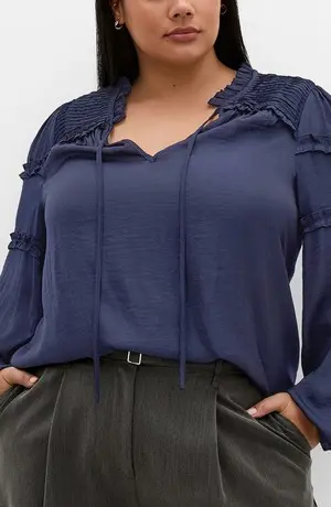 City Chic Ruffle Puff Sleeve Peasant Blouse - Navy