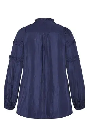 City Chic Ruffle Puff Sleeve Peasant Blouse - Navy