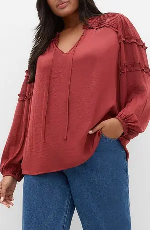 City Chic Ruffle Puff Sleeve Tie Neck Peasant Blouse - Sienna