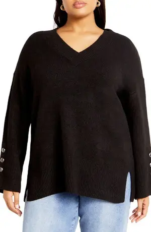 City Chic Dorothy Button Cuff Sweater - Black