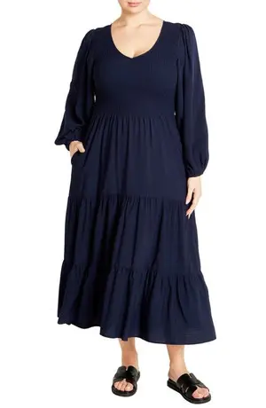 City Chic Athena Freya Long Sleeve Tiered Maxi Dress - Navy