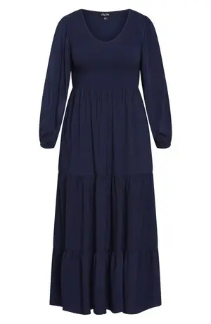 City Chic Athena Freya Long Sleeve Tiered Maxi Dress - Navy