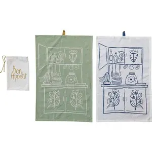 STORIED HOME Cottage Kitchen Cotton Slub Kitchen And Tea Towels - Green