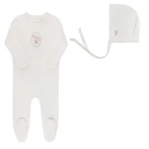 ELY'S & CO. Velour Footie And Bonnet Set - Ivory Rosegold