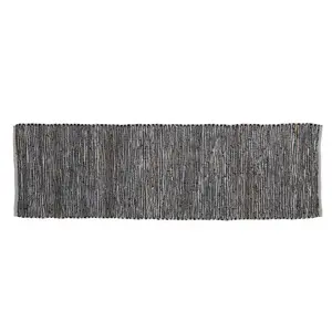 STORIED HOME Woven Cotton Chindi And Leather Floor Runner Rug - Black