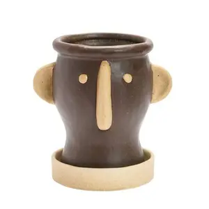STORIED HOME Stoneware Face Planter With Saucer - Brown